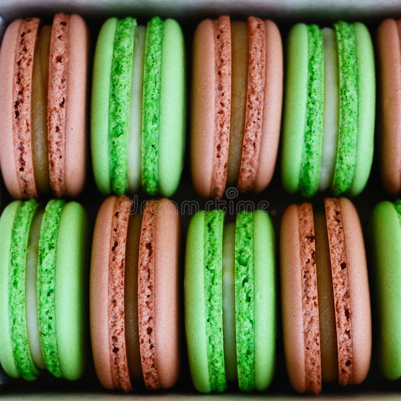 Mix of Green and Brown Macaroon in a Box Stock Photo - Image of pastry ...
