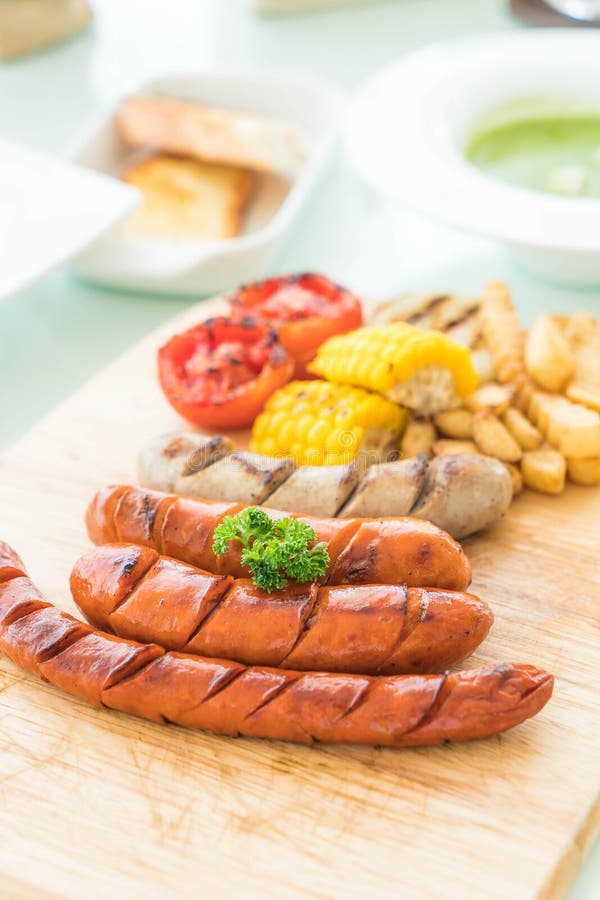 Mix Grilled Sausage with Vegetables and French Fries Stock Image ... Mix Grilled Sausage with Vegetables and French Fries Stock Image ...