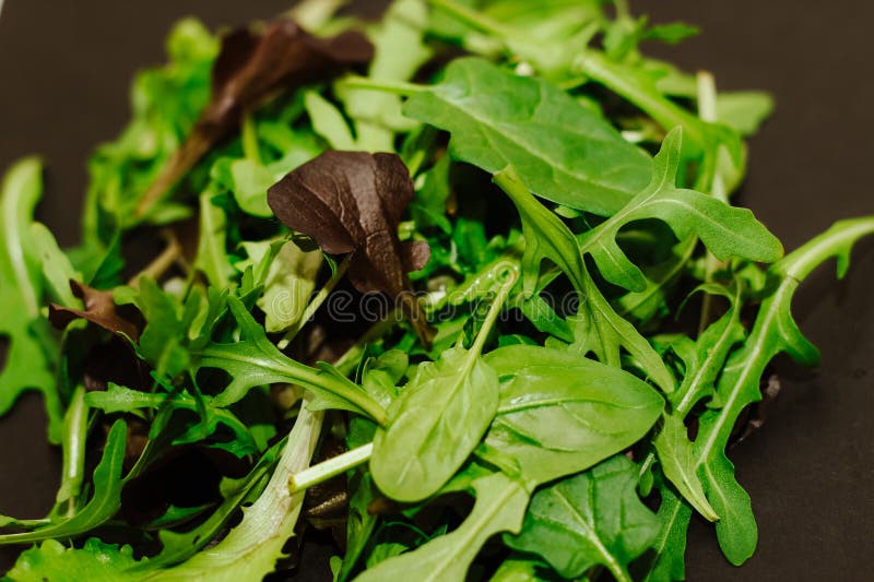 Mix of Lettuce Leaves Different Types on Black Table. Stock Image ...