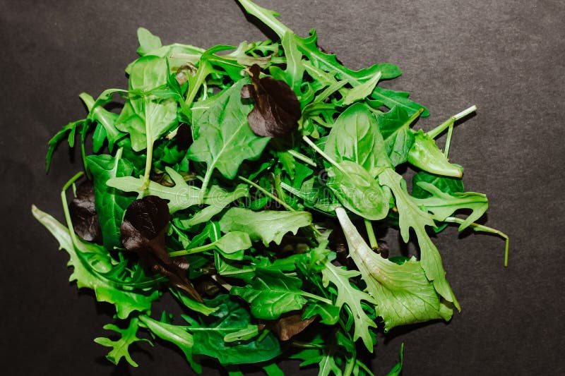 Mix of Lettuce Leaves Different Types on Black Table. Stock Photo ...