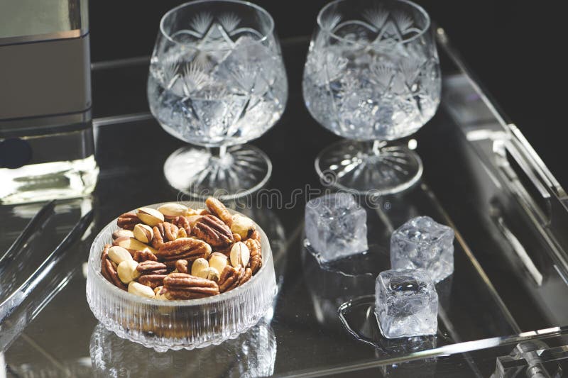 Mix Nuts in a Glass Bowl on a Serving Tray Stock Image - Image of ...