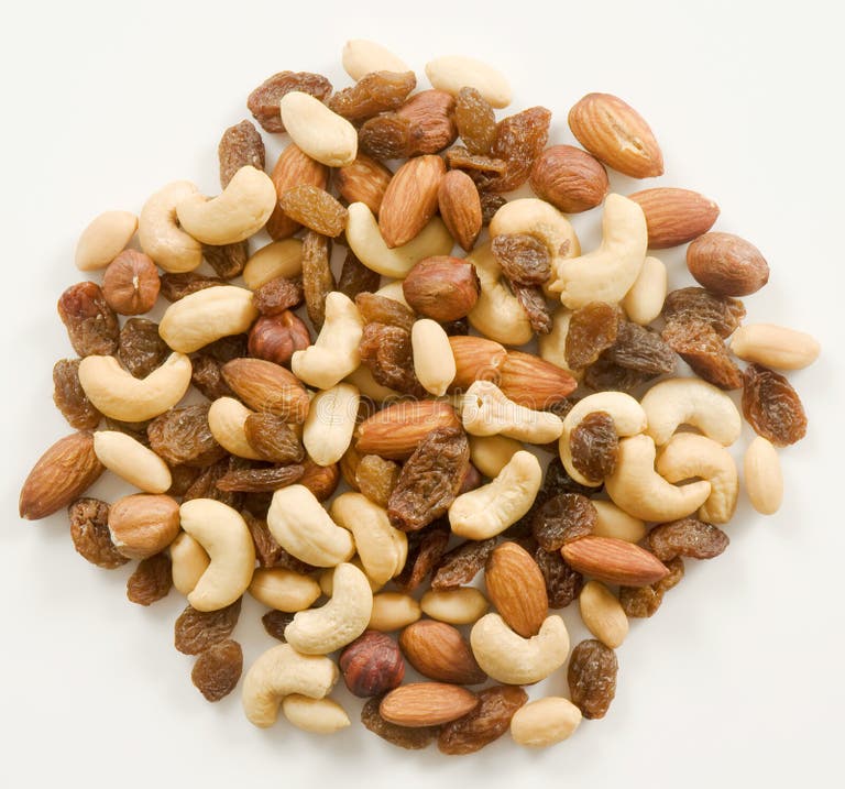 Mix of nuts and raisins stock photo. Image of overhead - 8026504