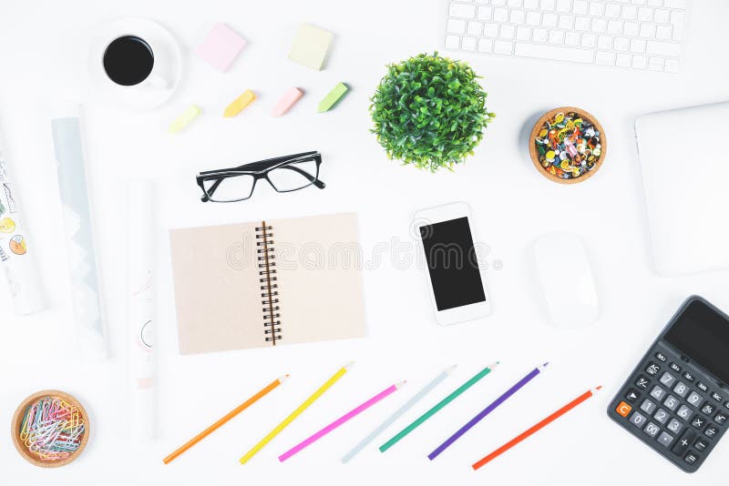 Modern White Table Top with Objects Stock Photo - Image of concept ...