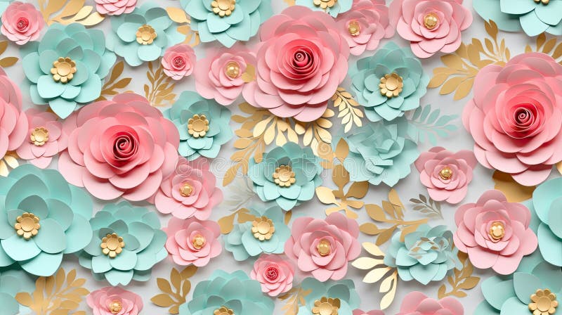 Mix Paper Flowers Seamless Background, Paper Art Stock Illustration ...