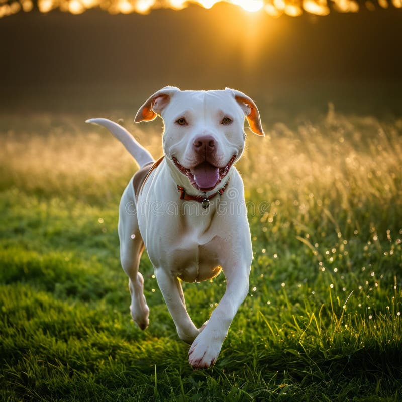 Pitbull Pointer Mixrunning through an Open Field at Dawn with Dew ...