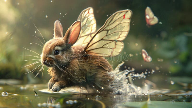 A Mix of a Rabbit with Butterfly Wings, Flying Over Water Stock ...