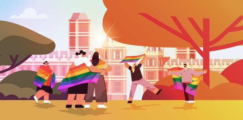 Mix Race People Holding Lgbt Rainbow Flags Gay Lesbian Love Parade