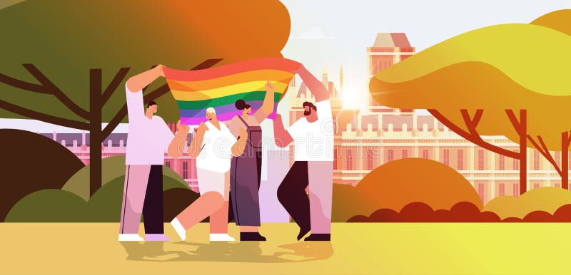 Mix Race People Holding Lgbt Rainbow Flags Gay Lesbian Love Parade