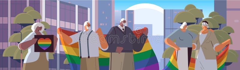 Mix Race Senior People Holding Lgbt Rainbow Flags Gay Lesbian Love