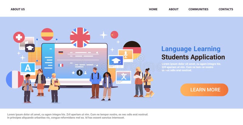 Mix Race Students Learning Language on Laptop Online Education E ...