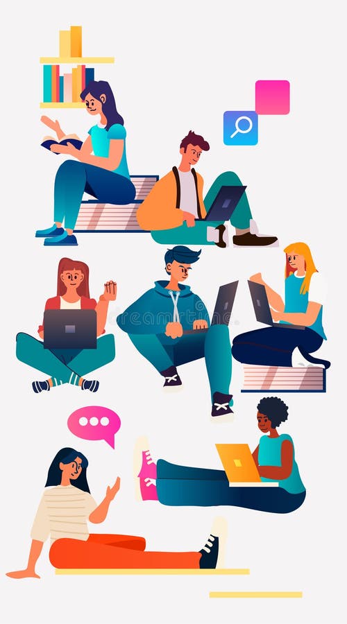 Mix Race Students Using Laptop and Reading Book E-learning Online ...