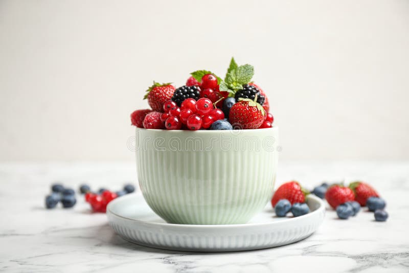 Mix of Ripe Berries on White Marble Table Stock Image - Image of garden ...