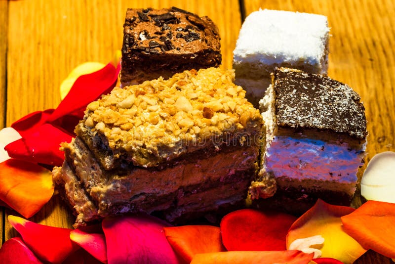 Mix of Rose Petals and Cakes Stock Image - Image of food, holiday ...