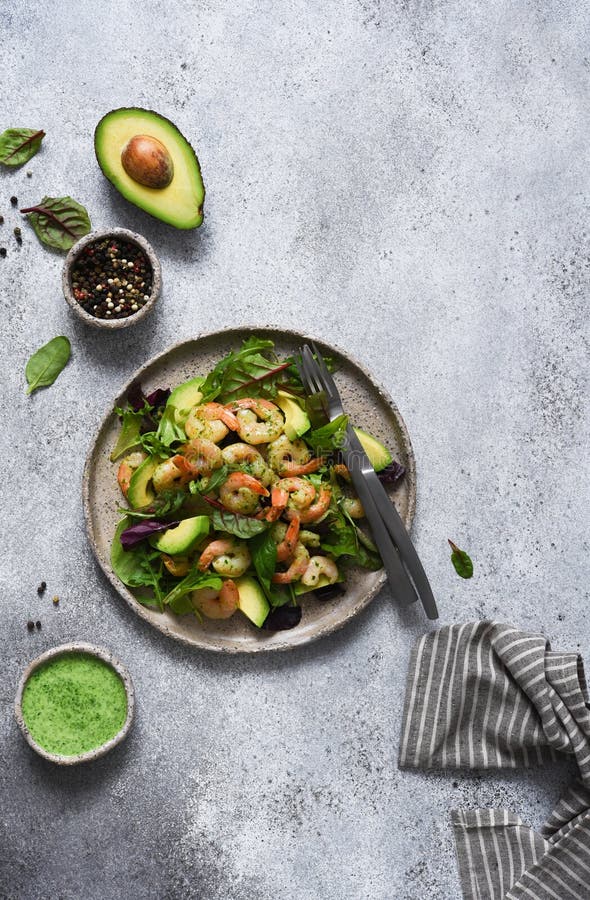 Mix Salad with Shrimp and Avocado on the Kitchen Table, Top View Stock ...