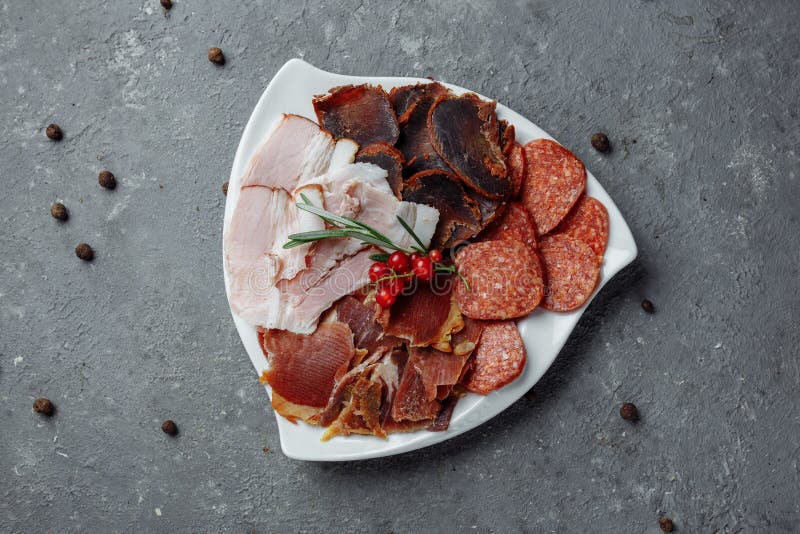 Mix of Sliced Meat on a White Plate Stock Image - Image of appetizer ...