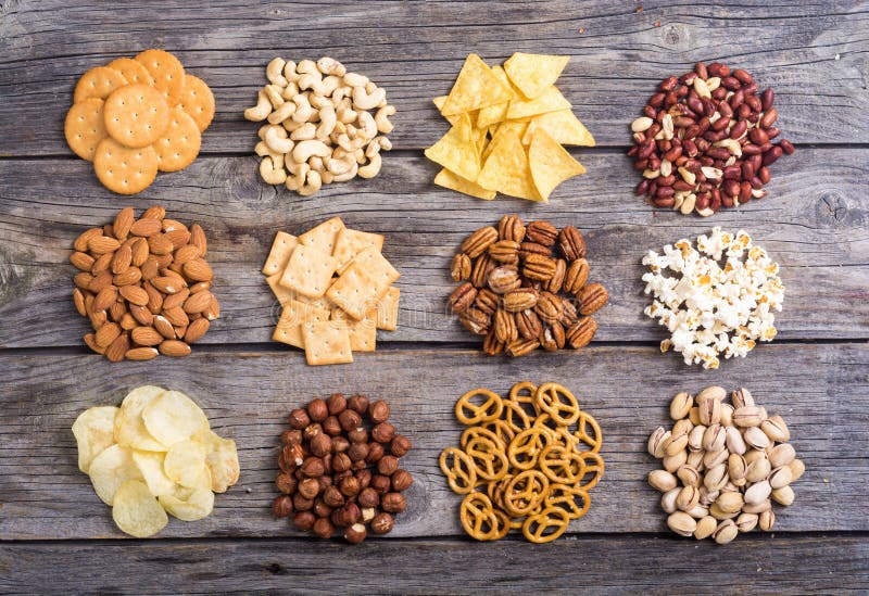Mix of snacks stock image. Image of rustic, overhead - 103080243