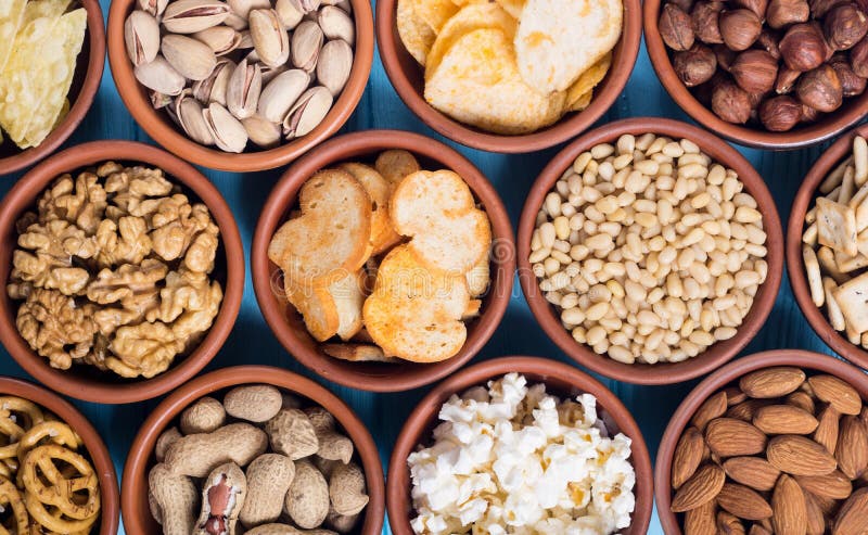 Mix of snacks stock image. Image of bowls, hazelnut - 129323131