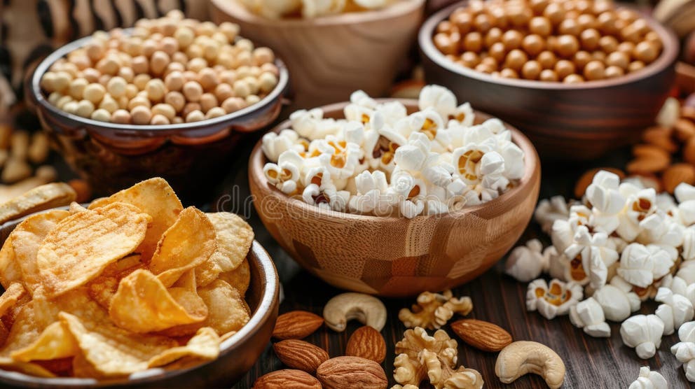 Mix of Snacks. Variety of Snacks Such As Nuts, Chips and Popcorn Stock ...