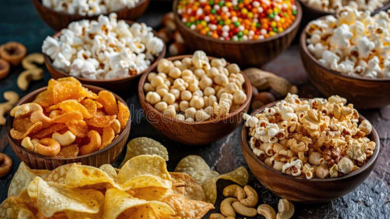Mix of Snacks. Variety of Snacks Such As Nuts, Chips and Popcorn Stock ...