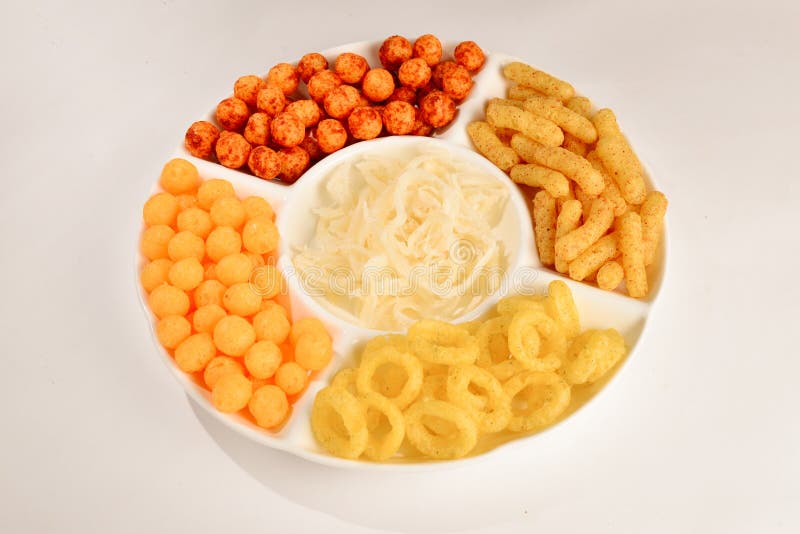 Mix of Snacks on a White Plate Isolated on White Stock Image - Image of ...