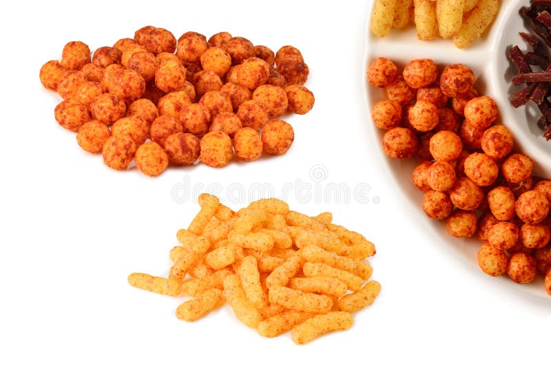 Mix of Snacks on a White Plate Isolated on White Stock Image - Image of ...