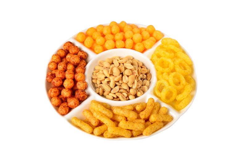 Mix of Snacks on a White Plate Isolated on White Stock Image - Image of ...