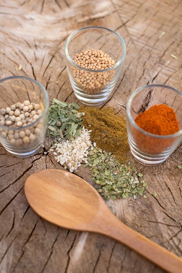 Mix of Spices on Wooden Background Stock Photo - Image of beige, green ...