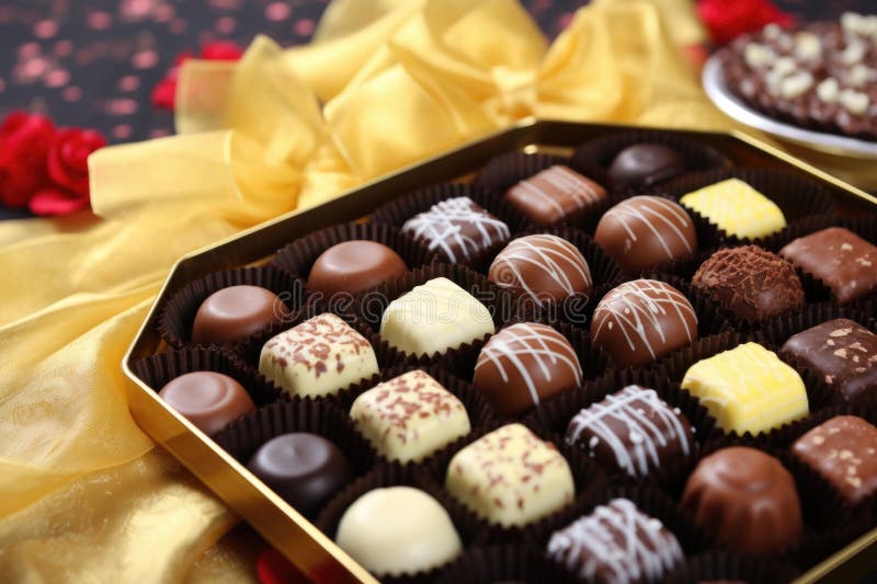 A Mix of Swiss Praline Chocolates in a Golden Box Stock Illustration ...