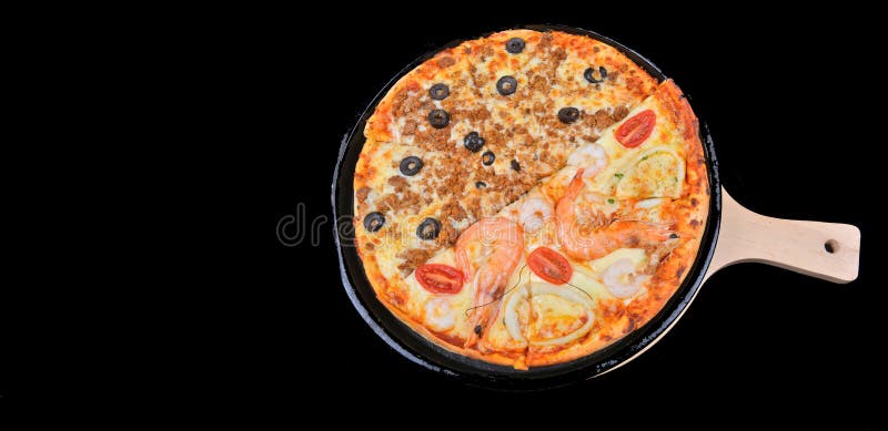 Mix of Two Different Pizzas on a Wooden Background. Menu Concept of ...