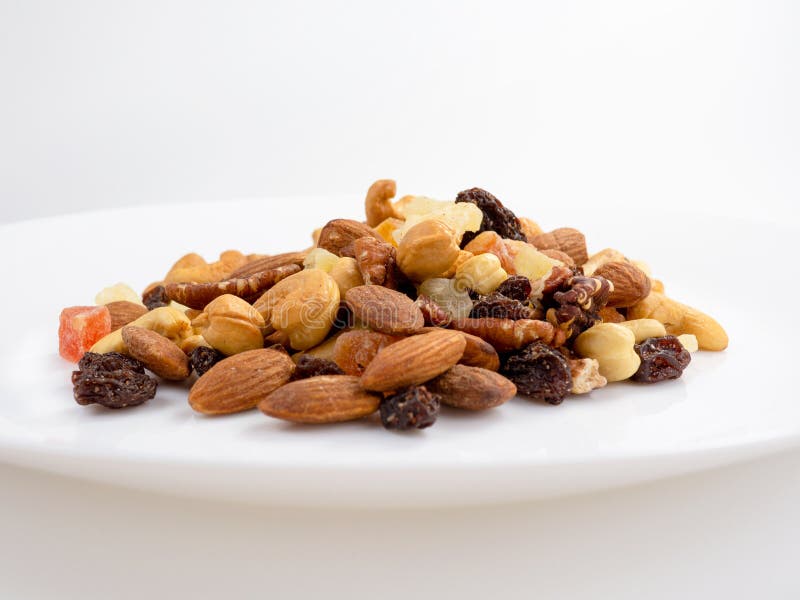 Mix of Various Nuts and Dried Fruit on White, Almonds, Raisins, Nuts ...