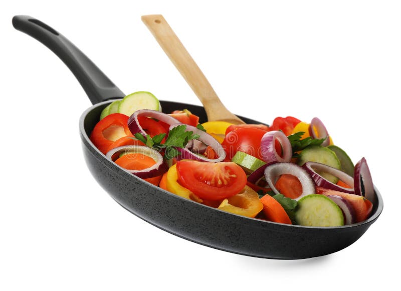 Mix of Vegetables in Frying Pan Isolated on White Stock Photo - Image ...