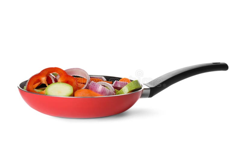 Mix of Vegetables in Frying Pan Isolated on White Stock Photo - Image ...