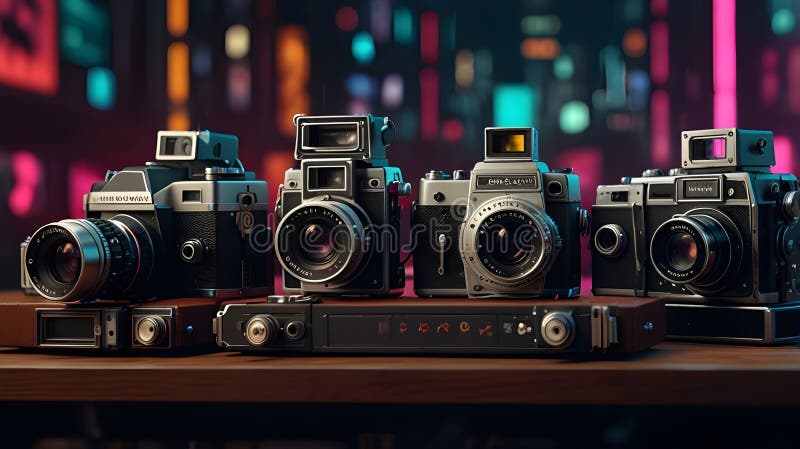 A Mix of Vintage Cameras Arranged in a Cyberpunk-inspired Display Stock ...