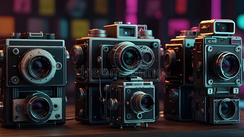 A Mix of Vintage Cameras Arranged in a Cyberpunk-inspired Display Stock ...