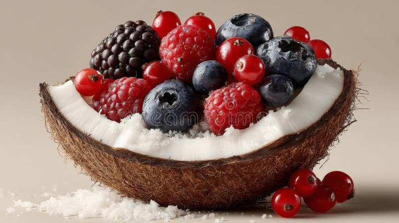 Mixed Berries in Coconut Half Shell Stock Illustration - Illustration ...