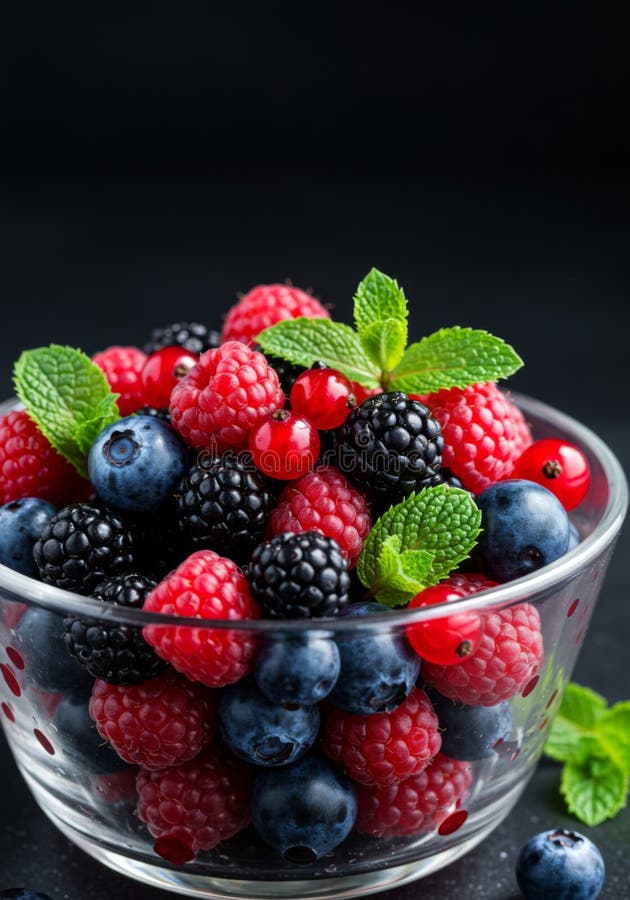 Mixed Berries in Glass Bowl Dark Background Stock Illustration ...