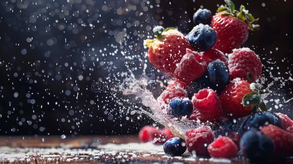 Mixed Berries with Powdered Sugar Explosion Stock Photo - Image of ...