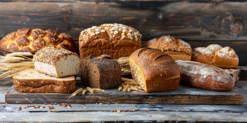 Mixed Bread Types Emphasizing Whole Grains on a Homely Wooden ...