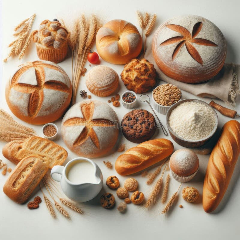 Mixed Breads and Wheat on Clean White Backdrop, Perfect for Artisanal ...