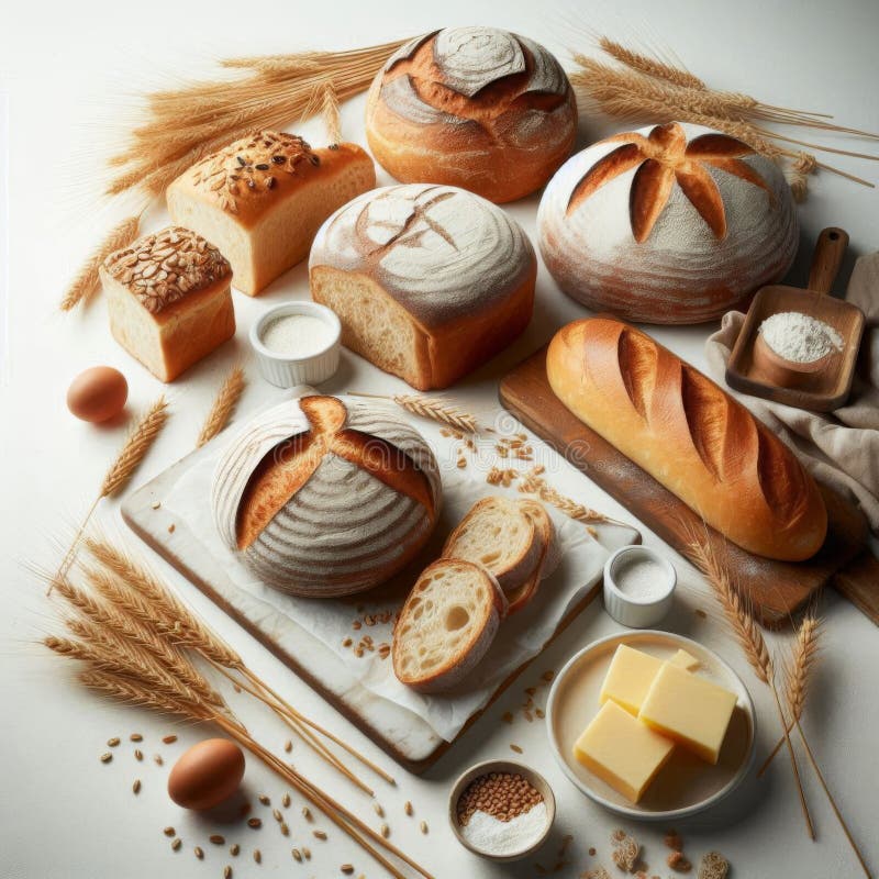 Mixed Breads and Wheat on Clean White Backdrop, Perfect for Artisanal ...