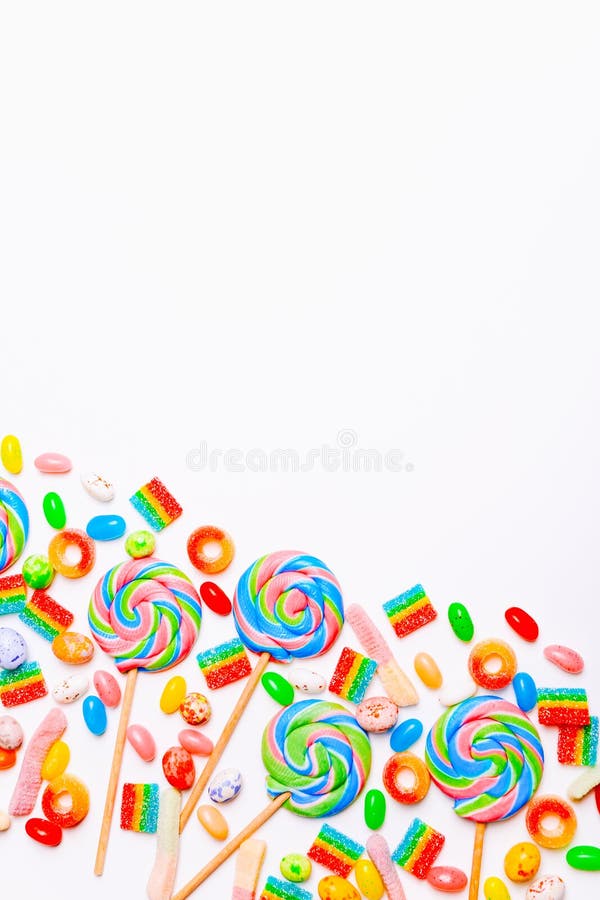 Mixed Collection of Colorful Candy, on White Background. Flat Lay, Top ...