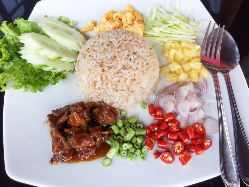 Mixed Cooked Rice Shrimp Paste Sauce Stock Photo - Image of meat, onion ...