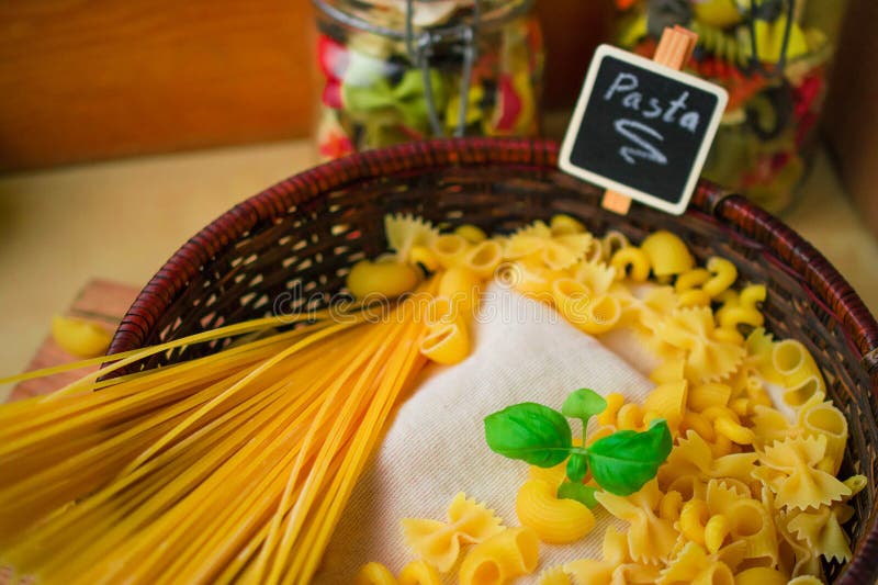 Italian Food,Mixed Dried Pasta Selection in Basket with Basil Stock ...