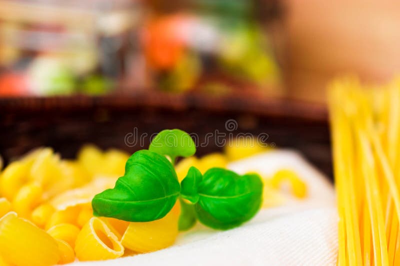 Mixed Dried Pasta Selection with Basil,Italian Food Stock Photo - Image ...