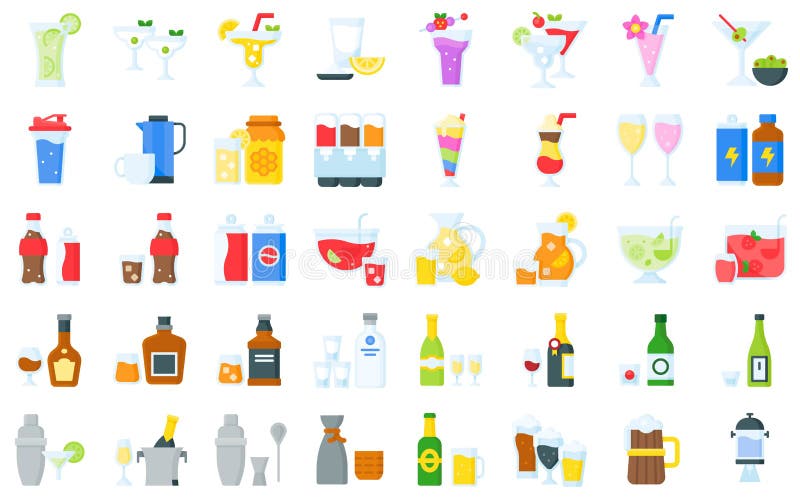 Mixed Drink and Alcoholic Beverage Icon Set, Flat Stye Stock Vector ...