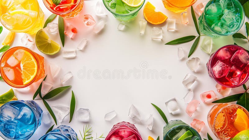 Mixed Drinks with Citrus Slices and Ice Cubes Border Background Image ...