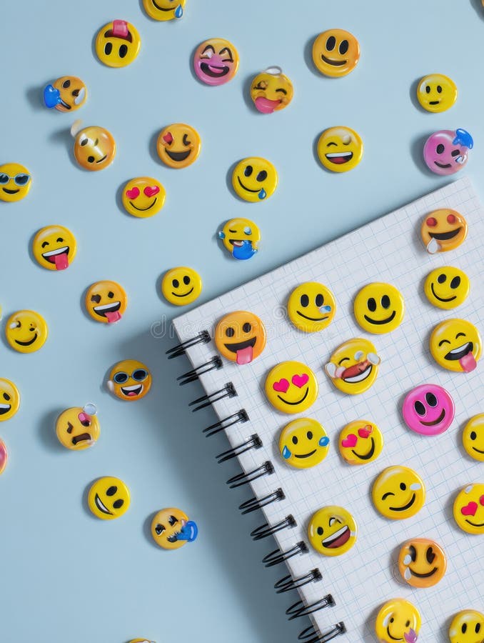 Mixed Emoji Stickers Scattered on a Bright Notebook with a Sky Color ...