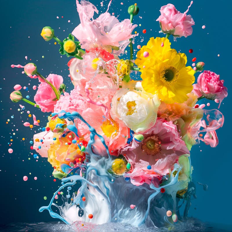 Mixed Flowers Explosion from the Center on Blue Background. Flowers ...