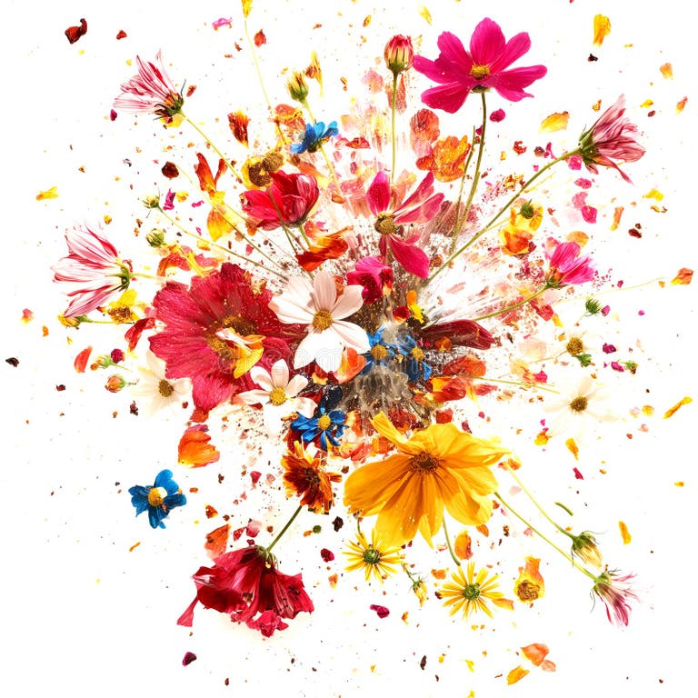 Mixed Flowers Explosion from the Center on White Background. Flowers ...