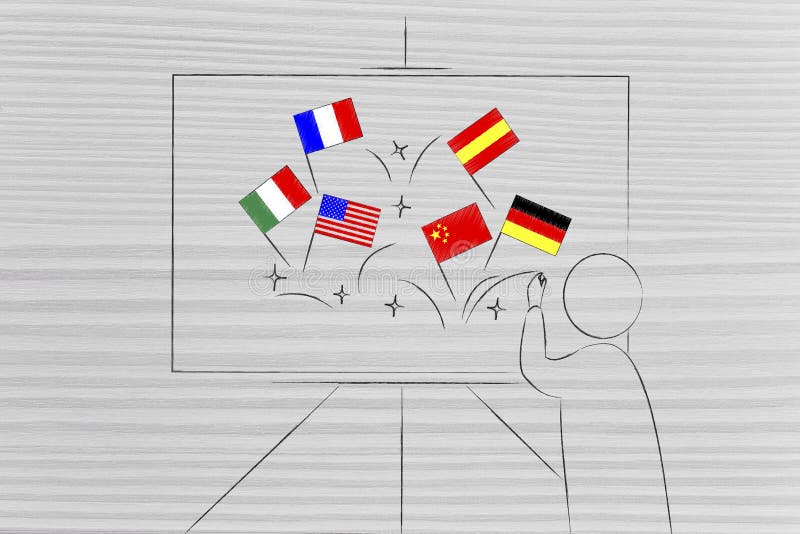 Mixed Foreign Language Flags on Teacher`s Whiteboard Stock Illustration ...